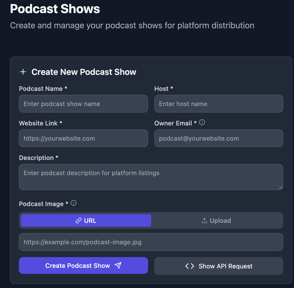 Podcast creation interface with one-click functionality